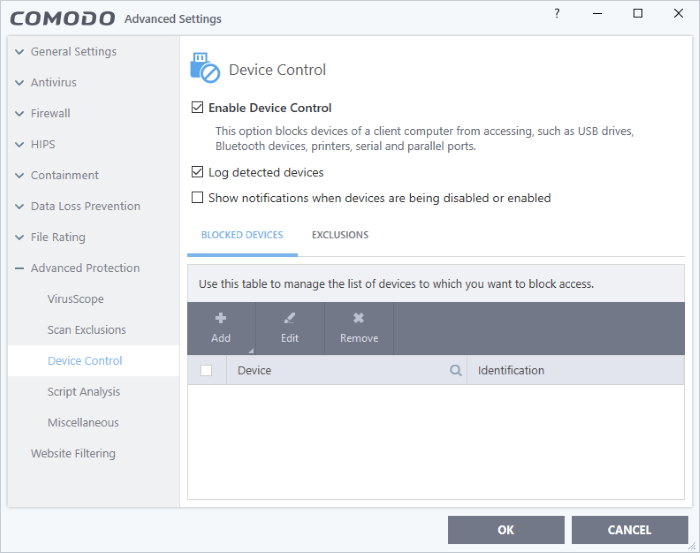 Device Control Settings - Comodo Client Security, Monitor Network Connection